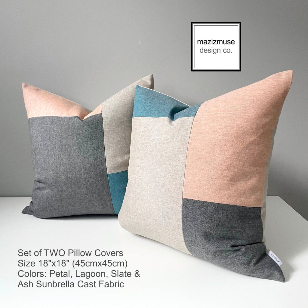 TWO Seaglass Green Sunbrella Outdoor Pillow Covers, Colorblock Cushions ...