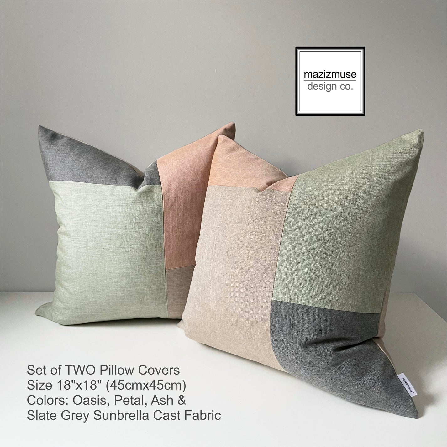 TWO Seaglass Green Sunbrella Outdoor Pillow Covers, Colorblock Cushions ...